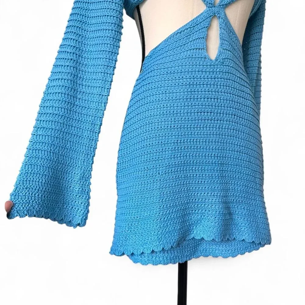 Dresses | Womens Blue Crochet Cut Out Knit Mini Dress S Beach Vacation ...